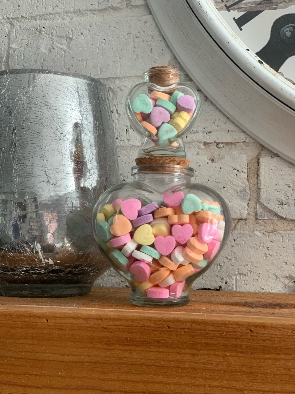 Heart Shaped Candy Jar Glass Filled With Conversation Hearts - Etsy