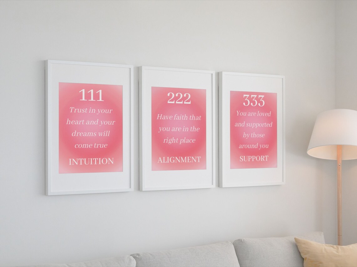 Printable Set of 9 Angel Number Posters Positive Aura Pink Grainy ...