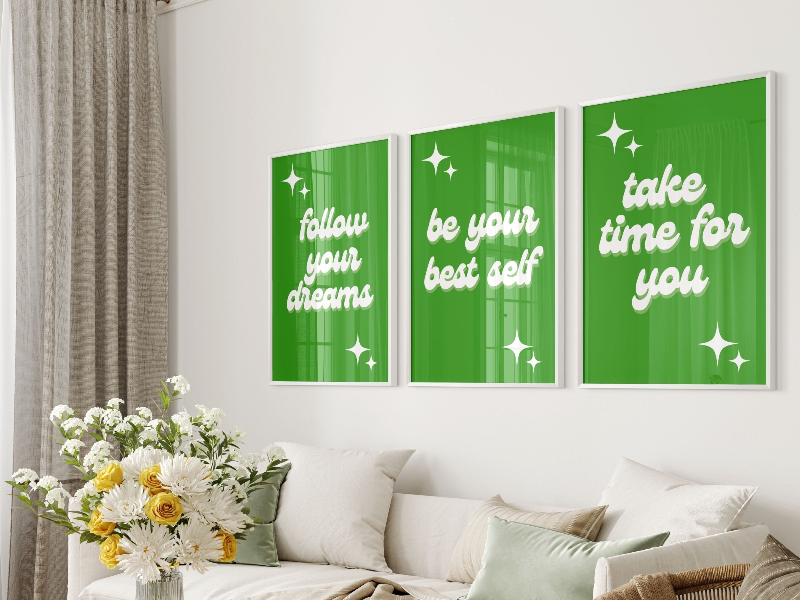 Set of 3 Cute Green Affirmation Digital Posters Green Retro Affirmation ...