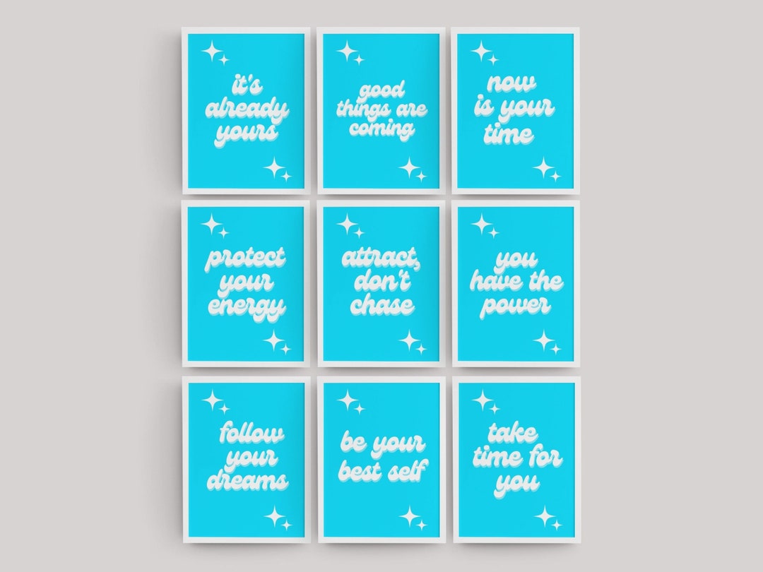 Set of 9 Cute Blue Affirmation Digital Posters Blue Retro Affirmation ...