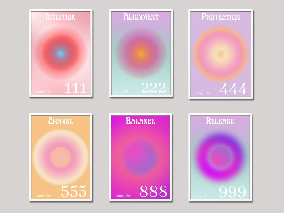 Set of 6 Angel Numbers Posters Positive Aura Gradient Digital Print ...