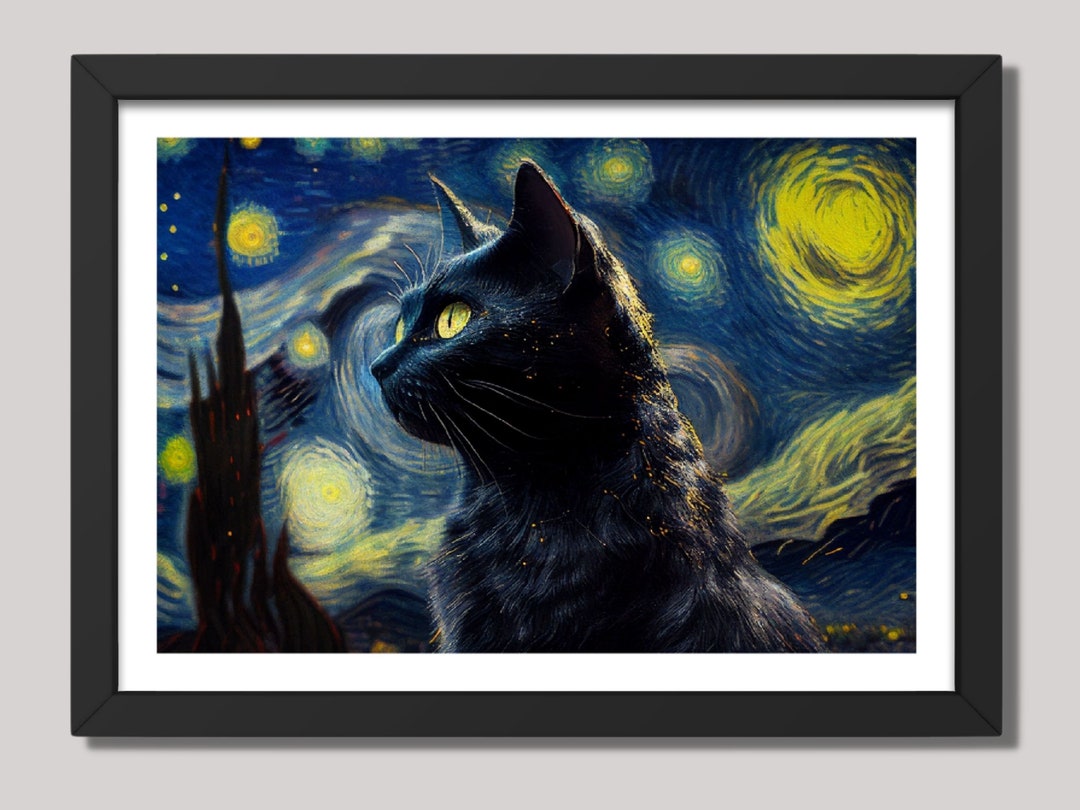 Starry Night Black Cat Print Van Gogh Print With Cat Funny Cat Print ...