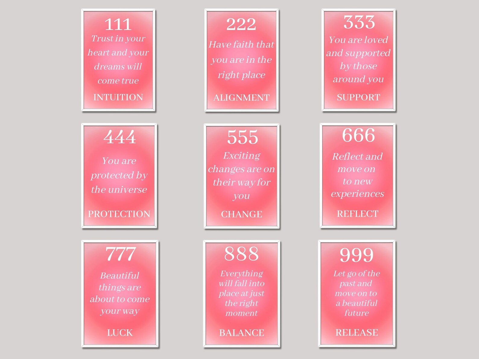 Printable Set of 9 Angel Number Posters Positive Aura Pink Grainy ...