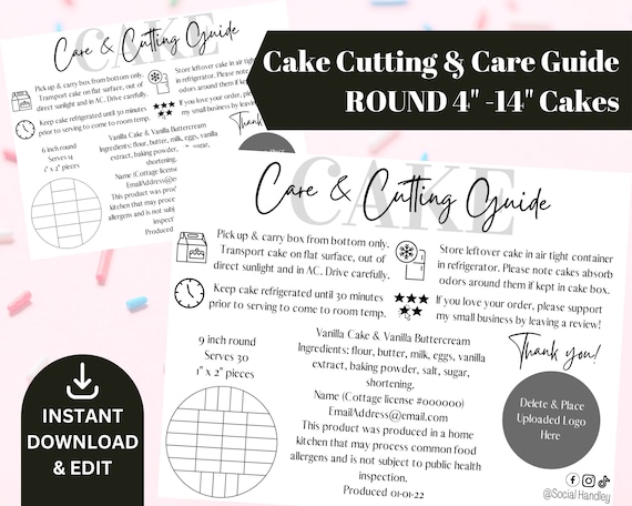 ROUND CAKE Cutting Guide & Care Card Fully Customize - Etsy