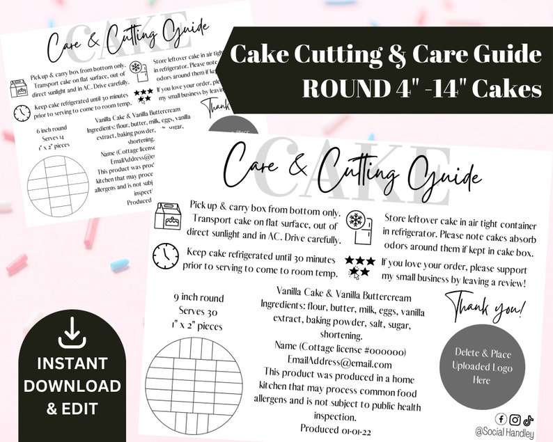 ROUND CAKE Cutting Guide & Care Card | Fully Customize | Cottage ...