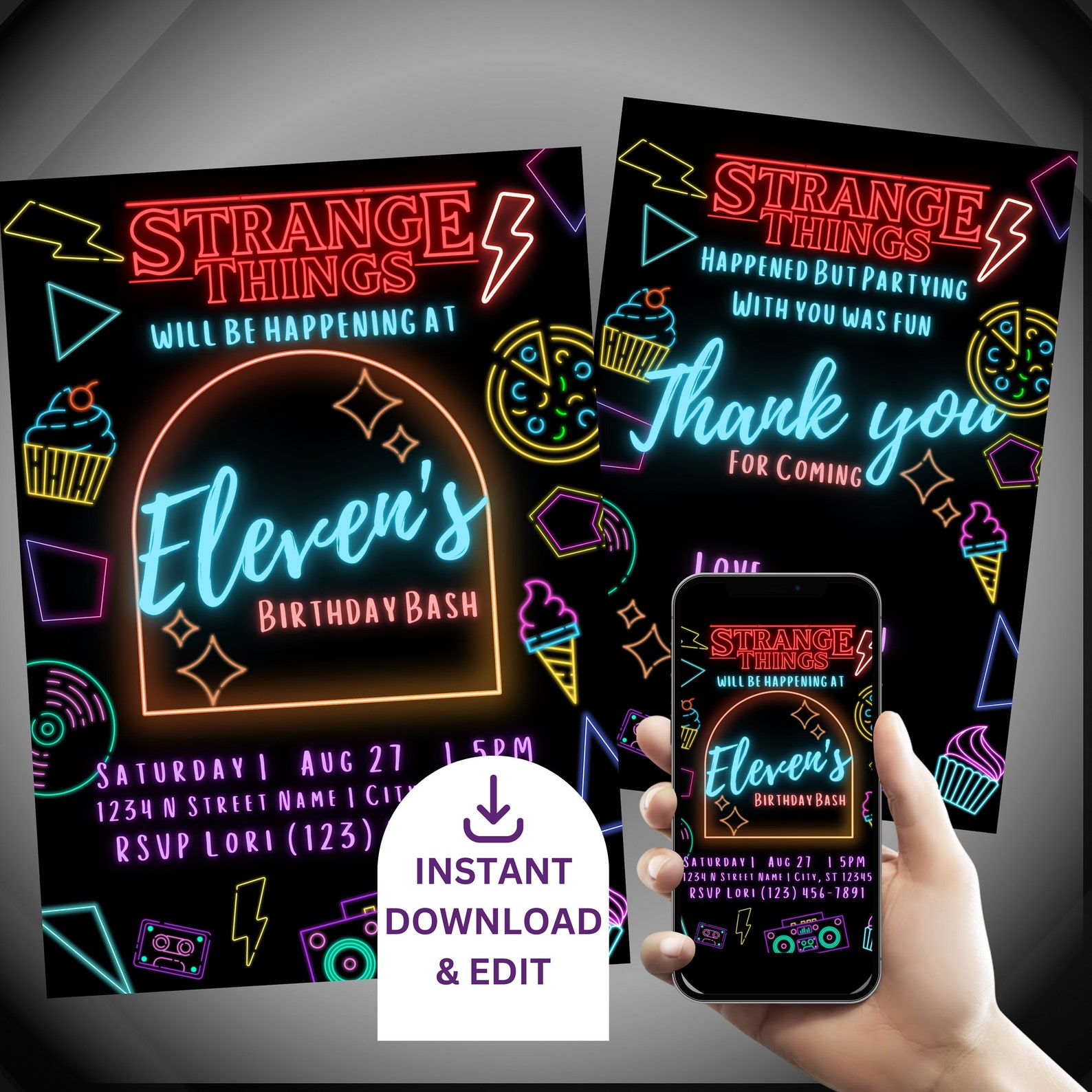 Neon Stranger Things Invitation | Thank You Card BUNDLE | Download ...