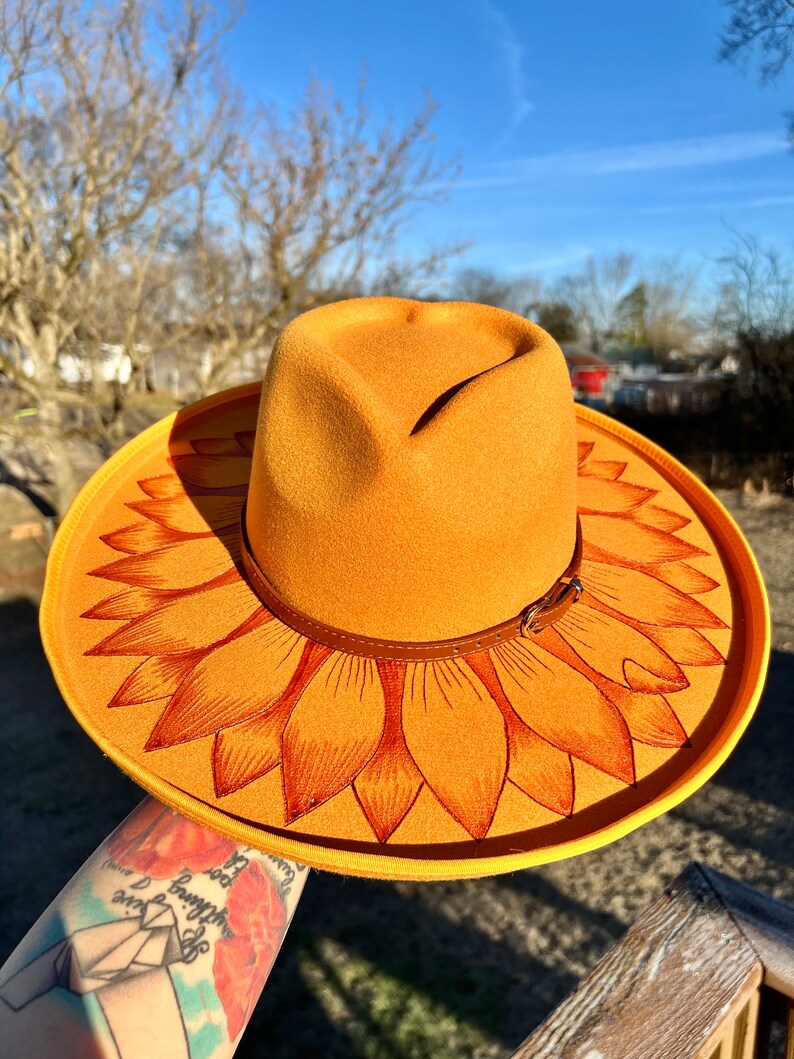 Extra Wide Brim Rancher Hat Heart Crown Burned Sunflower Fedora - Etsy