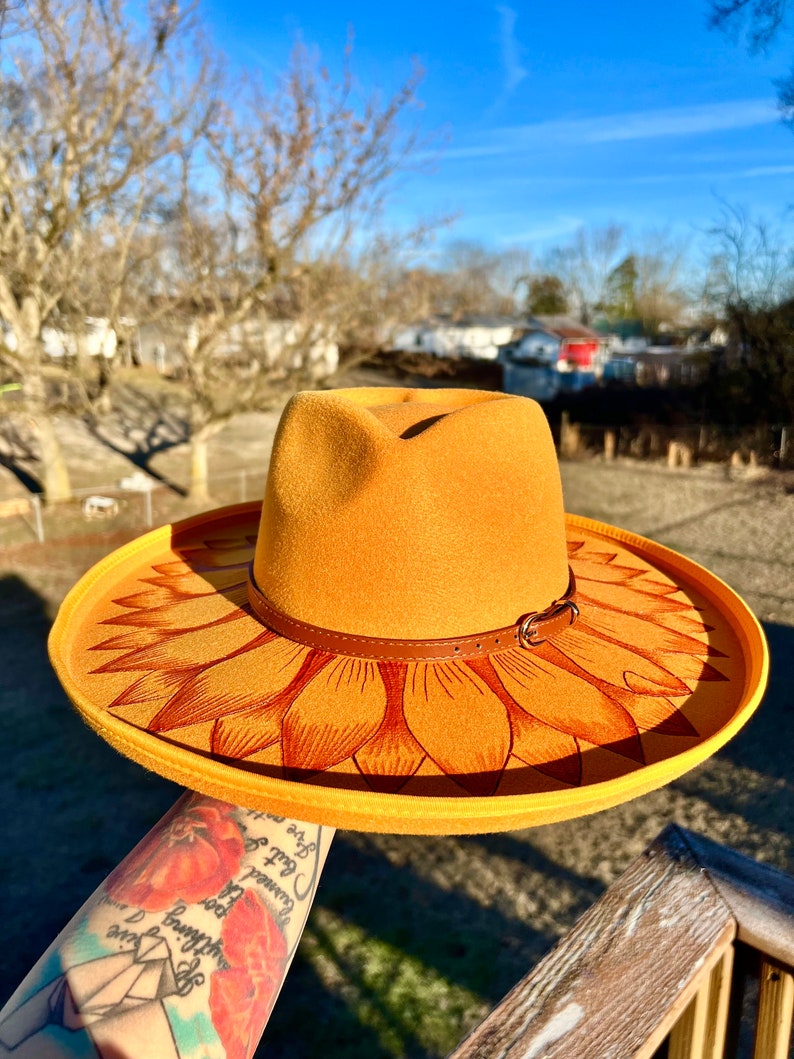 Extra Wide Brim Rancher Hat Heart Crown Burned Sunflower Fedora - Etsy