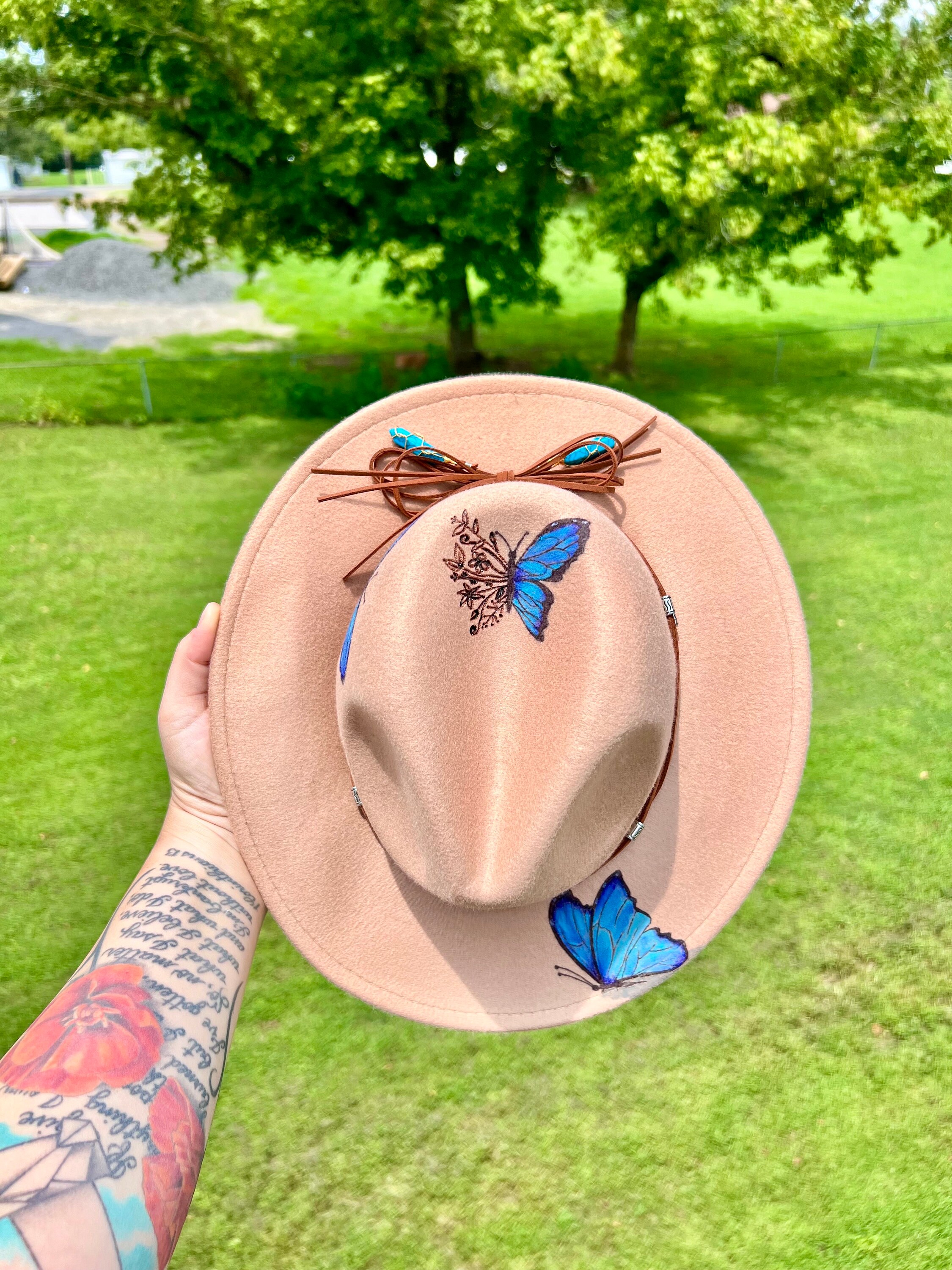 Hand Painted Morpho Butterfly Fedora With Feather Hat Band - Etsy