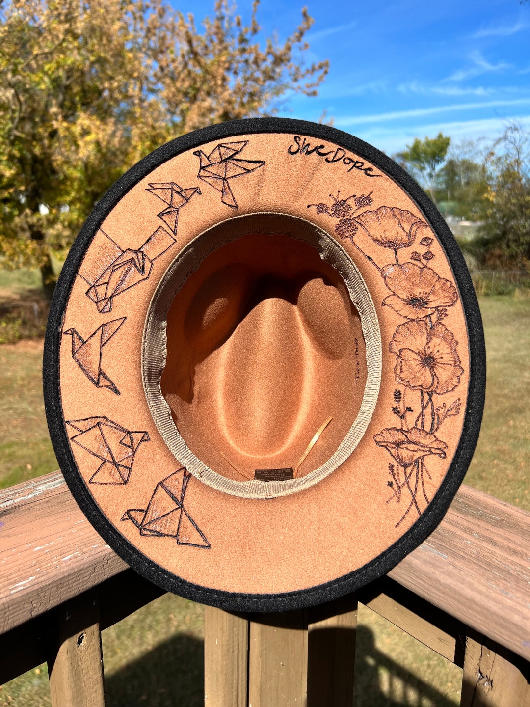 Two Tone Burned Fedora. Origami Dove and Poppies. Bird and - Etsy