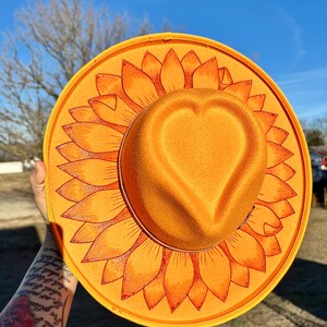 Extra Wide Brim Rancher Hat Heart Crown Burned Sunflower Fedora - Etsy