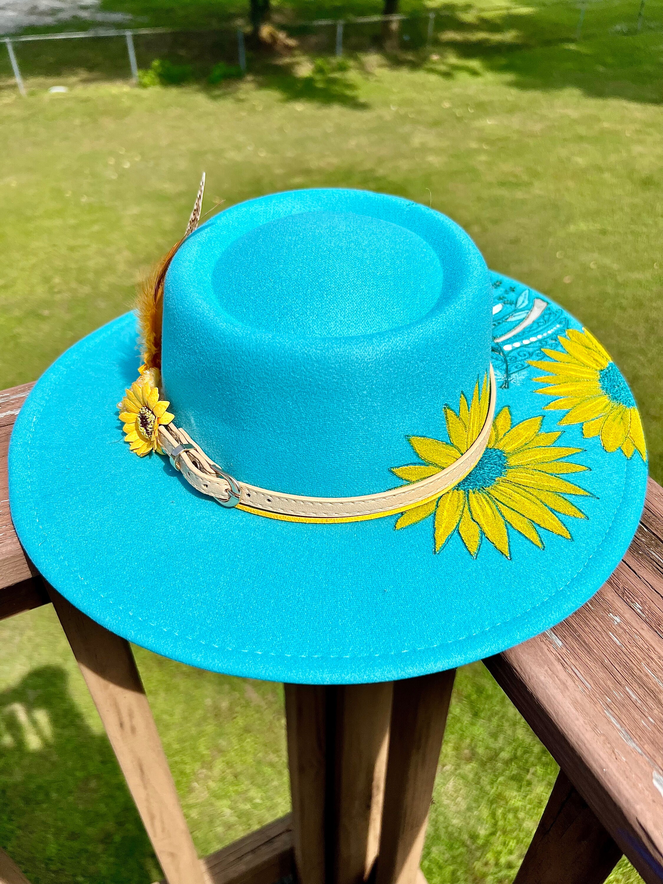 Teal Fedora With Burned and Painted Sunflowers and Feathers ...