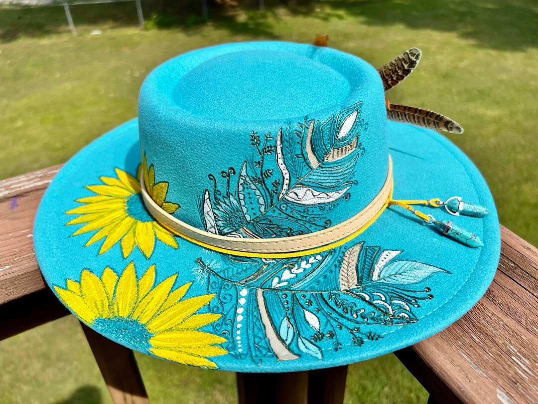 Teal Fedora With Burned and Painted Sunflowers and Feathers ...