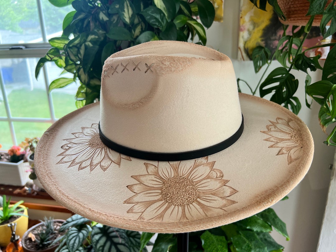Extra Wide Brim Sunflower Rancher Hat Burned Fedora - Etsy