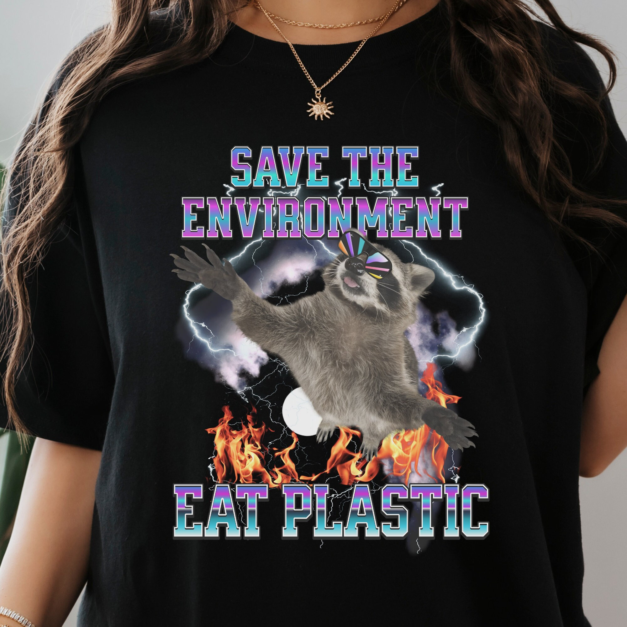 Stylish Save the Environment Eat Plastic Shirt,funny Raccoon Meme ...