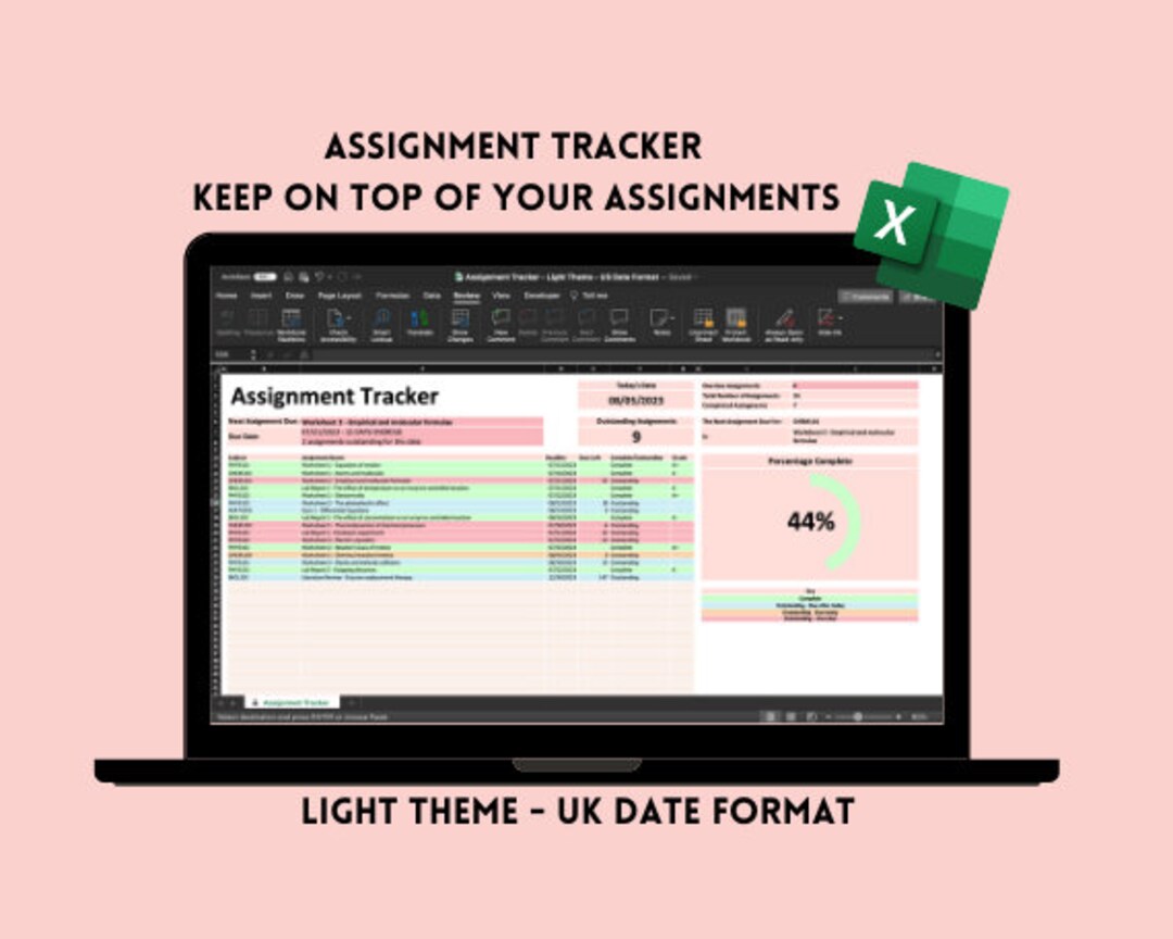 Assignment Tracker - Light Theme Excel Template - UK Date Format - Etsy