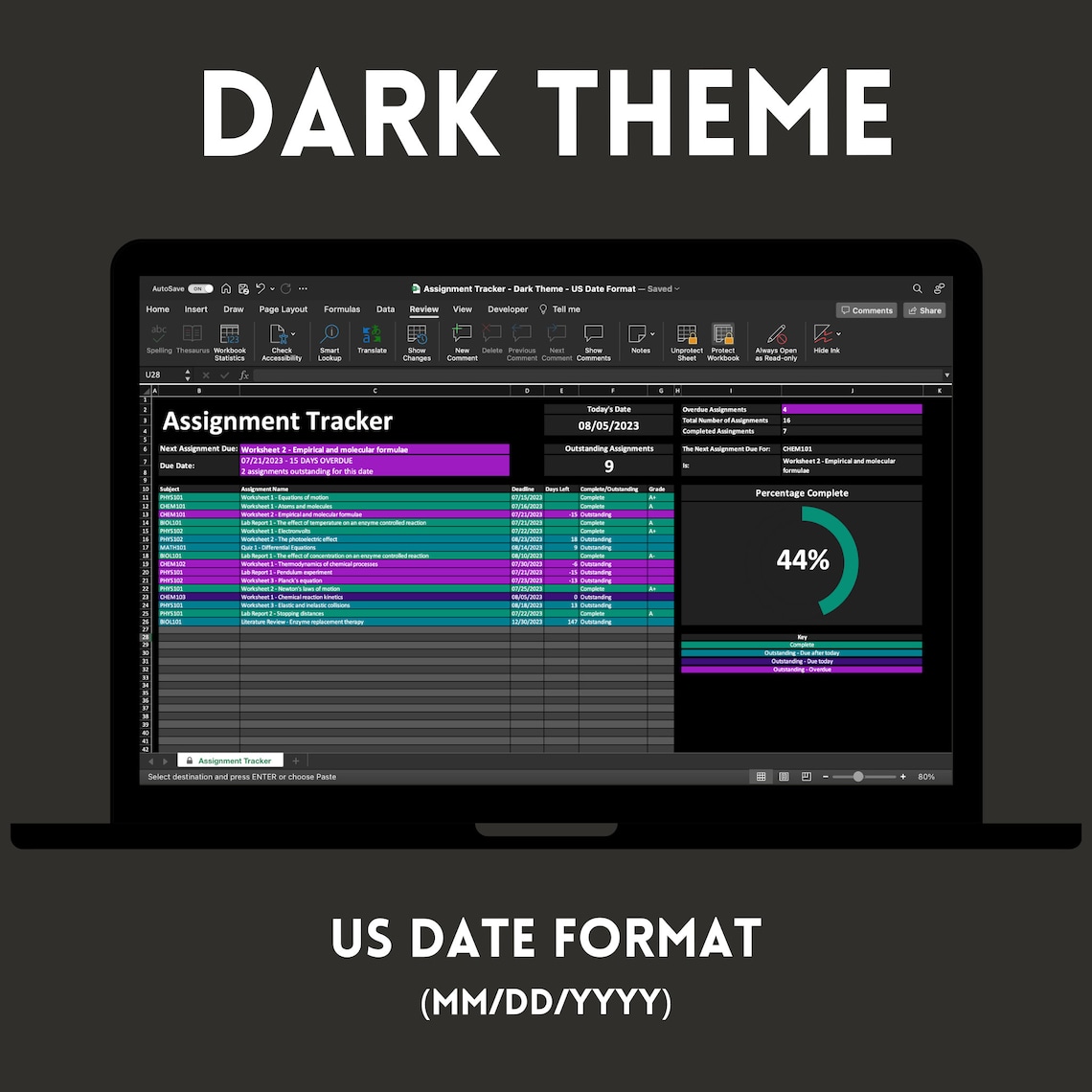 Assignment Tracker Dark Theme Excel Template UK Date Format - Etsy
