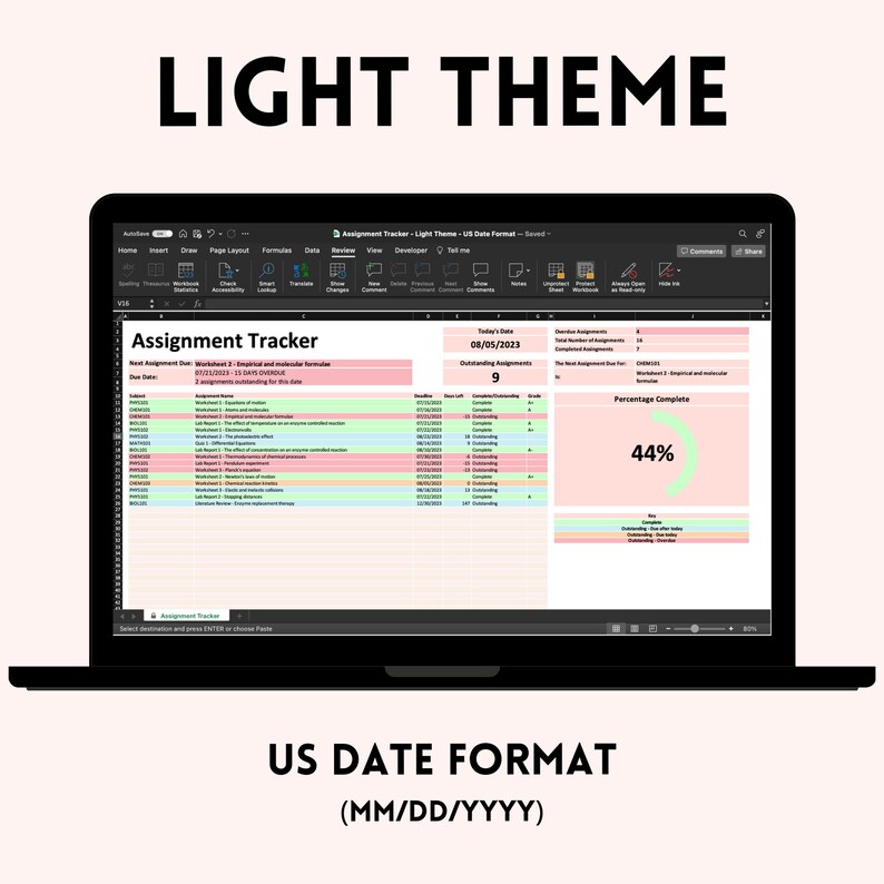 Assignment Tracker - Light Theme Excel Template - US Date Format - Etsy