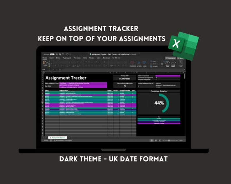 Assignment Tracker - Dark Theme Excel Template - UK Date Format - Etsy