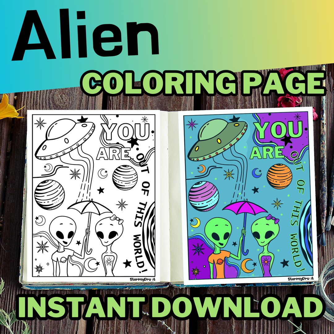 Alien Coloring Page - DIGITAL DOWNLOAD - Outer Space Coloring Sheet ...