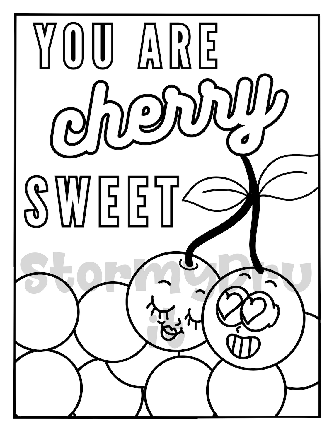 Valentines Coloring Page - DIGITAL DOWNLOAD - Cherry Valentines - Cute ...