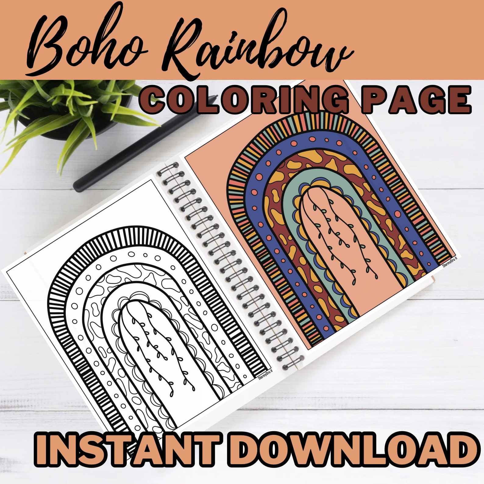 Boho Rainbow Coloring Page DIGITAL DOWNLOAD Simple Adult Coloring ...