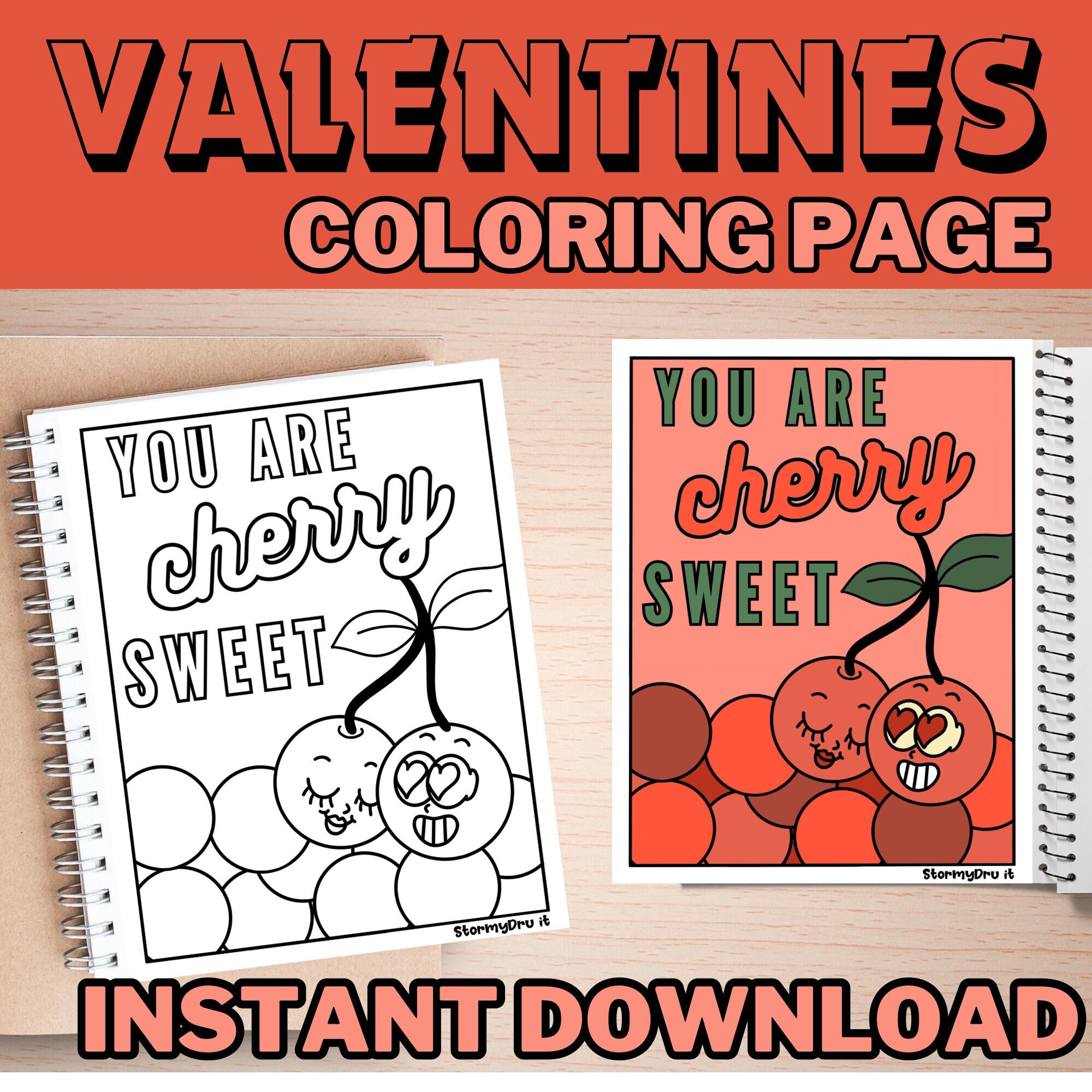 Valentines Coloring Page - DIGITAL DOWNLOAD - Cherry Valentines - Cute ...