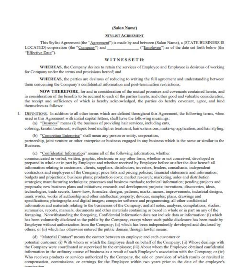 Salon Spa Business Non-compete and Employment Contract, Non ...