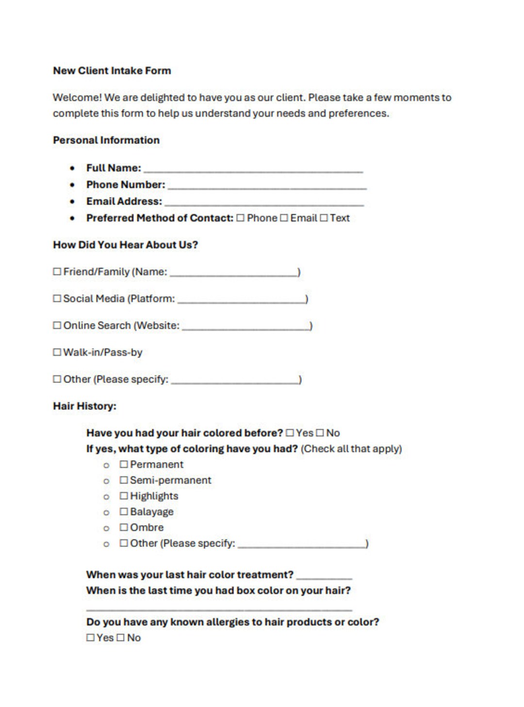 Hair Salon New Client Forms, Client Intake Forms, Salon Forms - Etsy