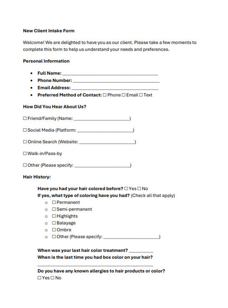 Hair Salon New Client Forms, Client Intake Forms, Salon Forms - Etsy