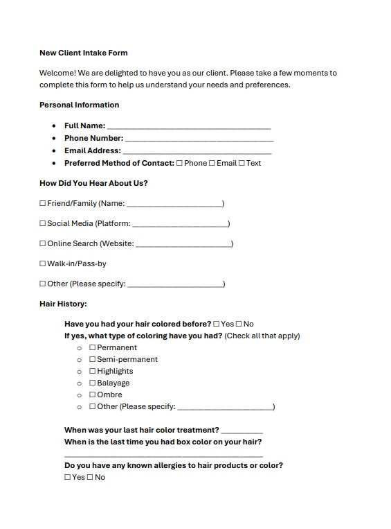 Hair Salon New Client Forms, Client Intake Forms, Salon Forms - Etsy