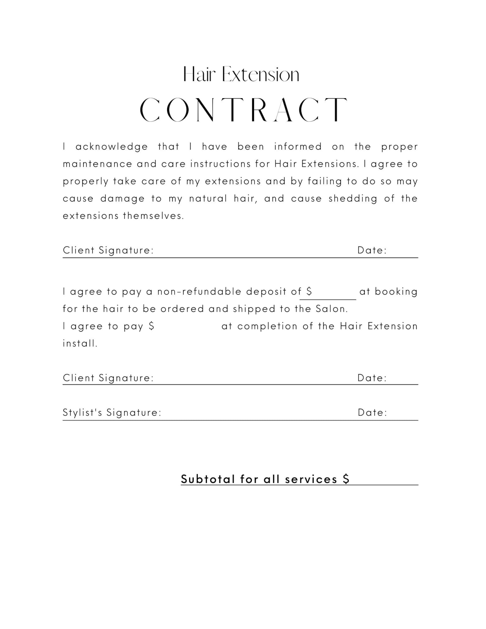 Hair Extension Contract Hair Extension Form Hair Extension Waiver - Etsy