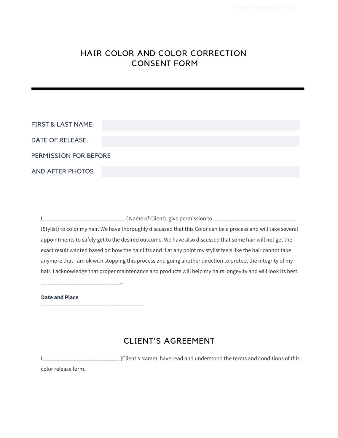 Hair Color, Color Correction Consent Form, Hair Color Contract, Hair ...