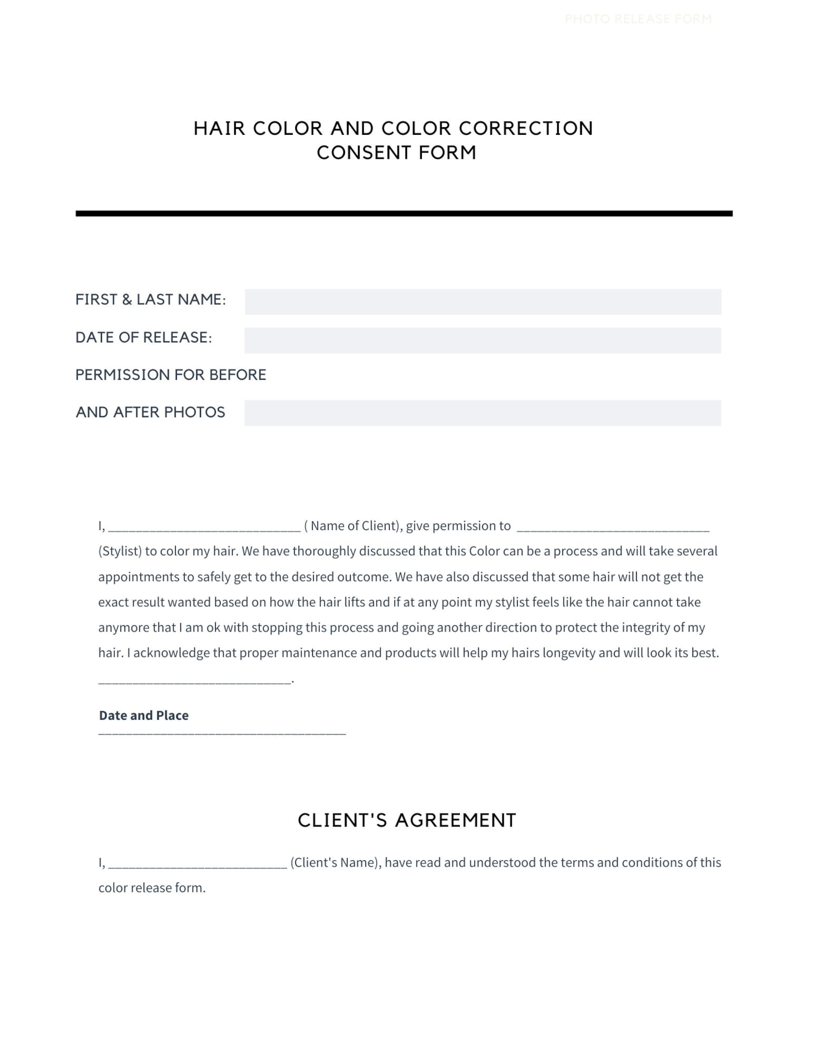 Hair Color, Color Correction Consent Form, Hair Color Contract, Hair ...