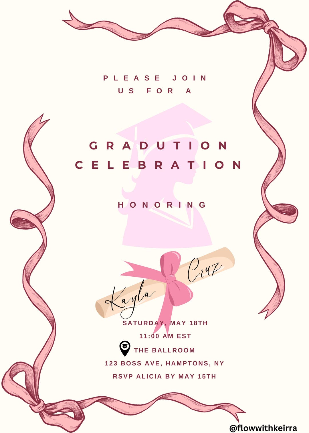 Pink Girl Graduation Invitation Template. College, High School, Junior ...