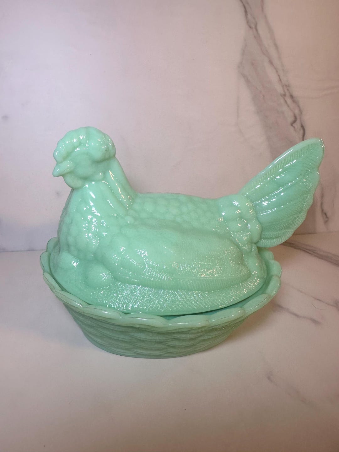 Jadeite GREEN Glass HEN on Nest DISH - Etsy
