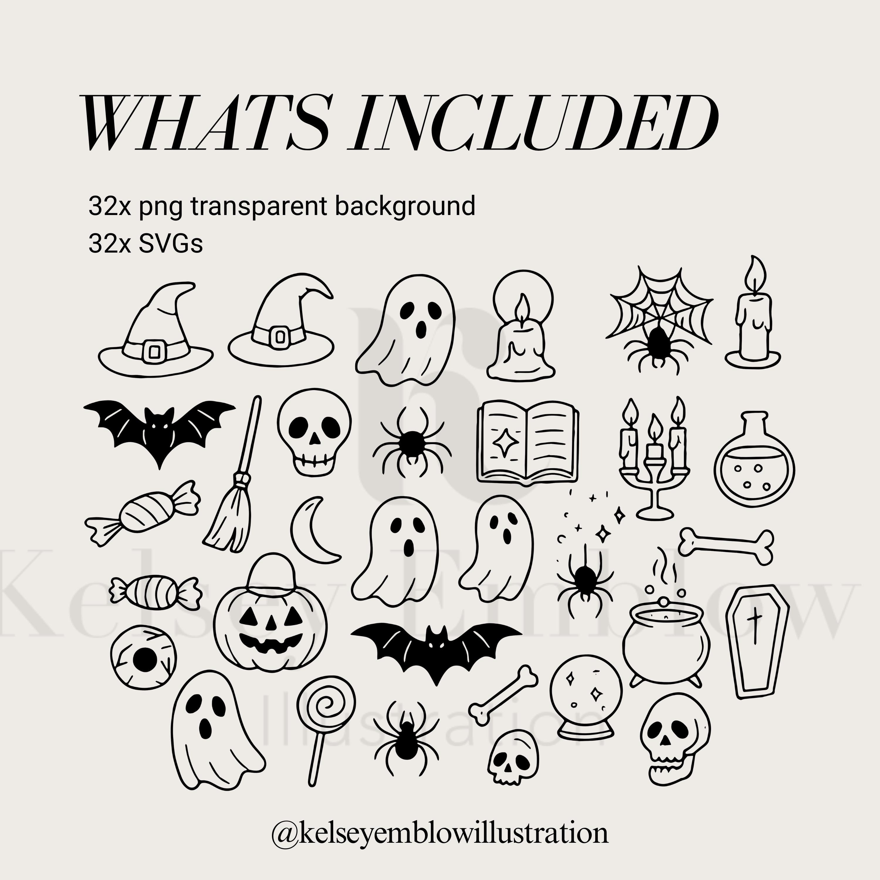 Halloween Doodle SVG & PNG Bundle 24 Line Art Hand Drawn Ghost Icons ...