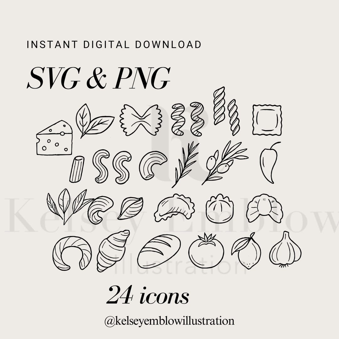 Savoury Food Doodle SVG & PNG Bundle 24 Cute Hand Drawn Pasta Icons ...