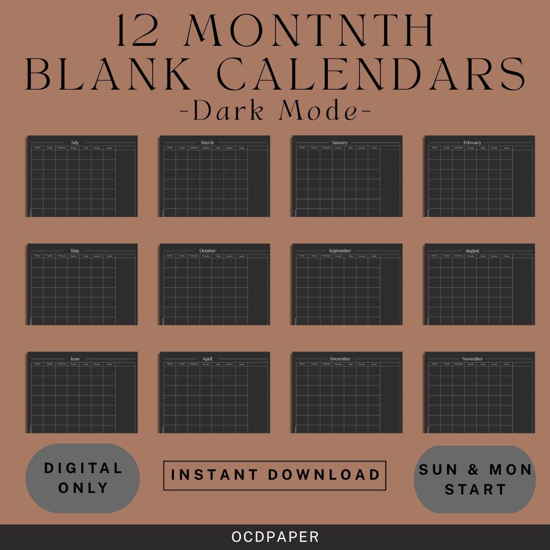 Dark Mode 12-month Blank Calendar: Digital Planner Insert (PDF Download ...