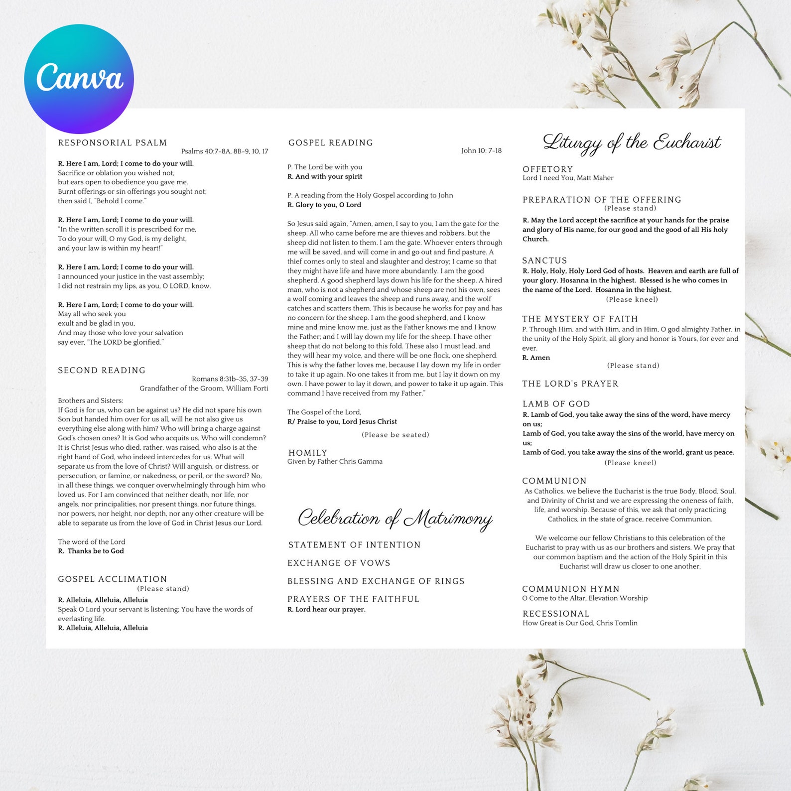 Trifold Catholic Wedding Mass Program Template: Editable Canva Design ...