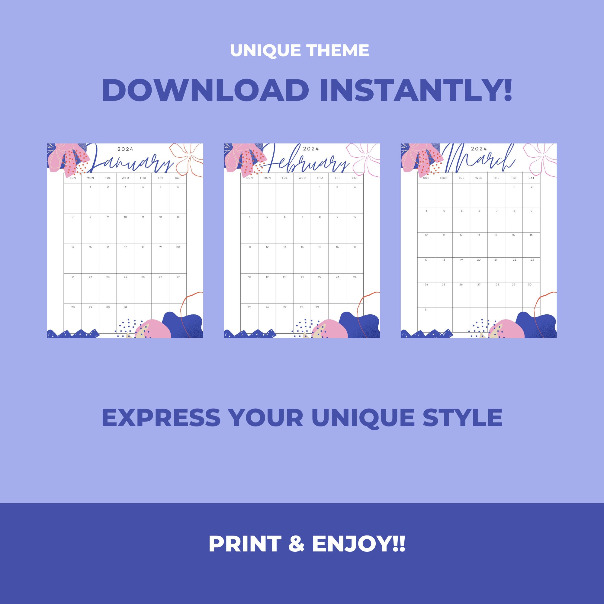 2024 Printable Monthly Calendarmodern Floral Calendar | 2024 Calendar ...