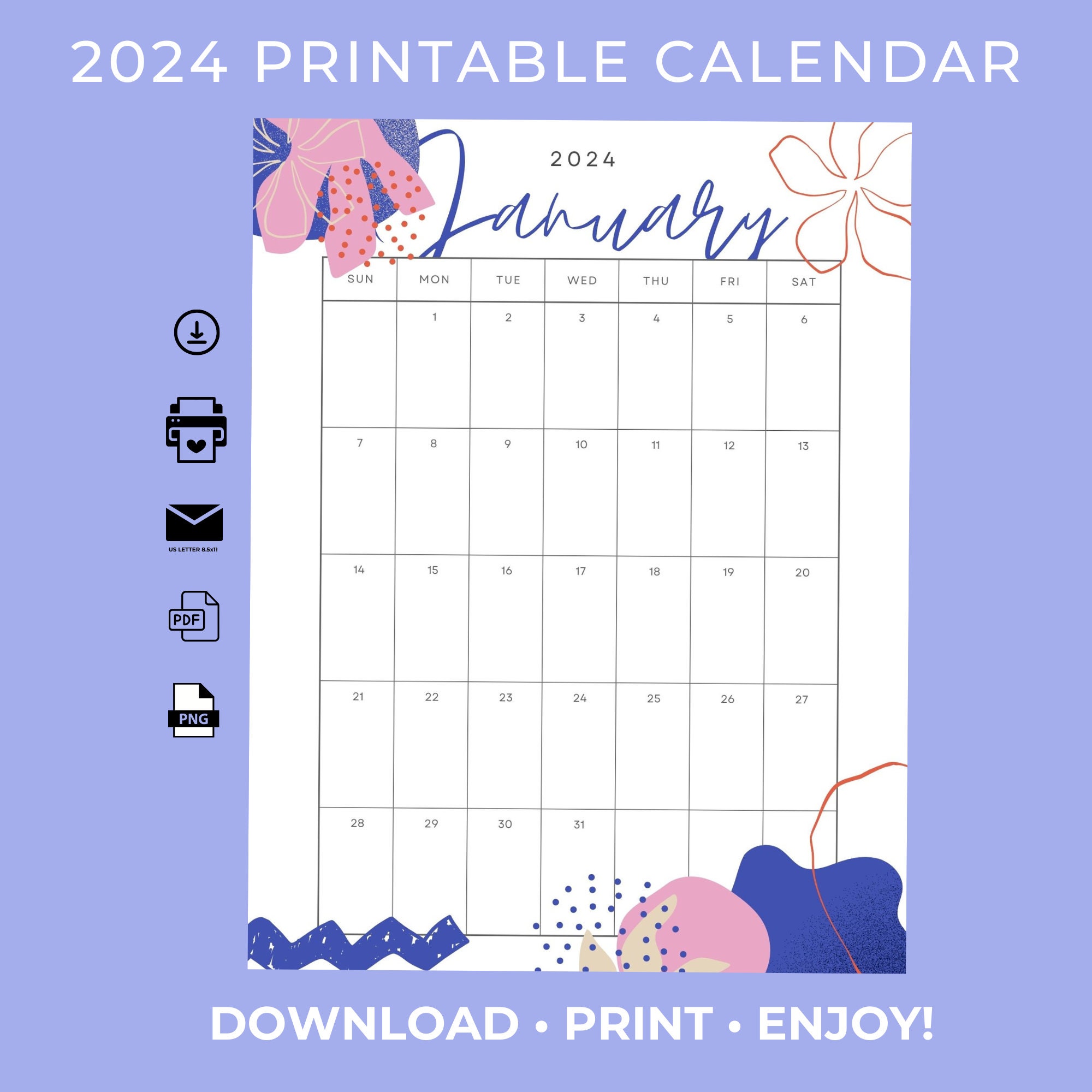 2024 Printable Monthly Calendarmodern Floral Calendar | 2024 Calendar ...