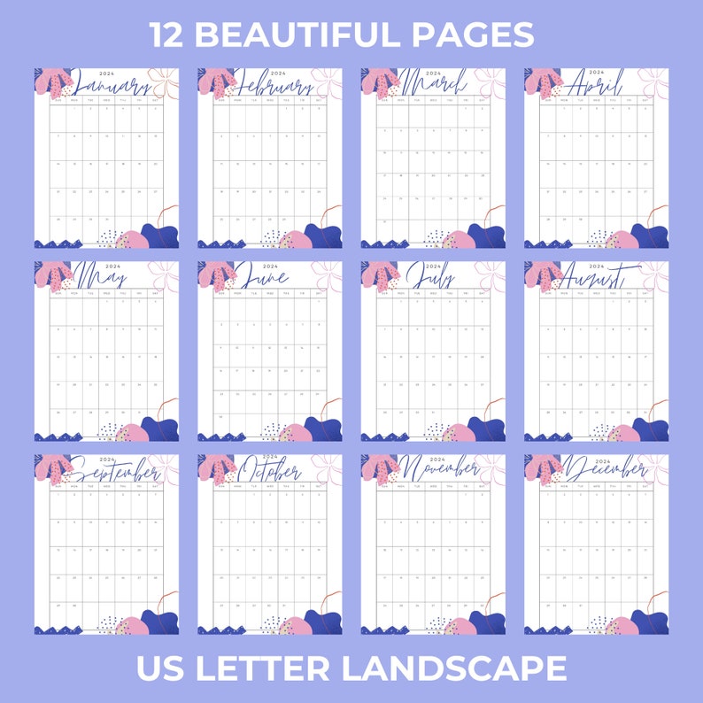 2024 Printable Monthly Calendarmodern Floral Calendar | 2024 Calendar ...