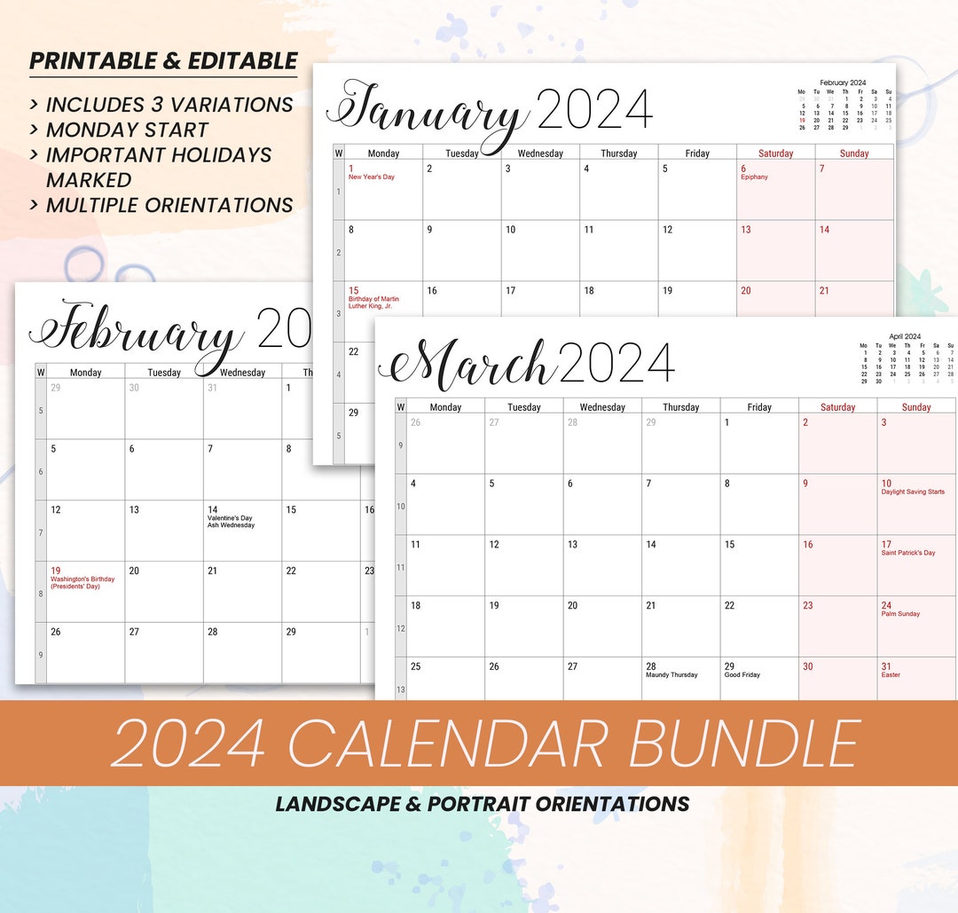 2024 Calendar Bundle Printable Editable Portrait Monthly - Etsy