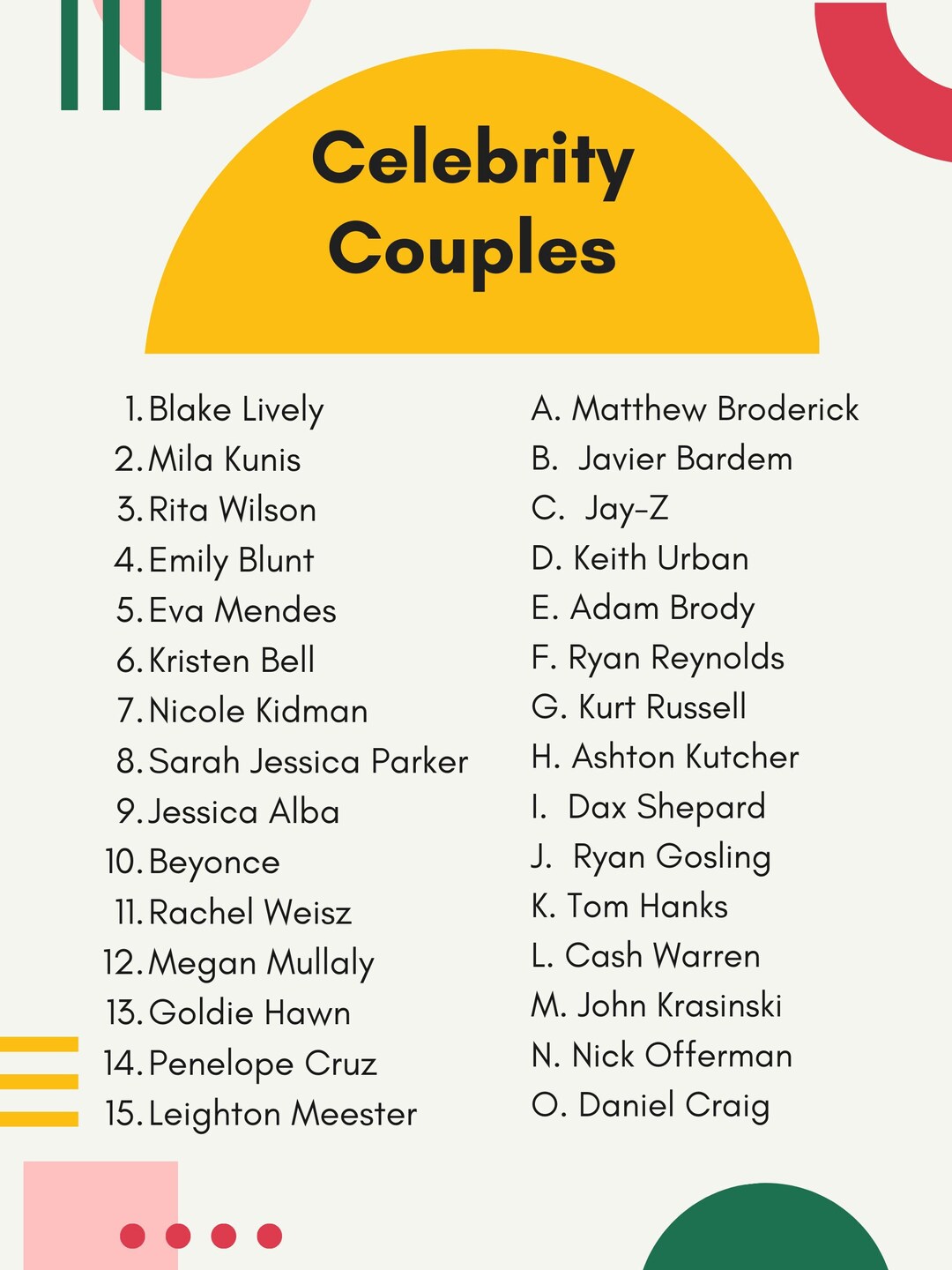 Bridal Shower Gamecelebrity Couple Match Up-wedding Shower Game ...