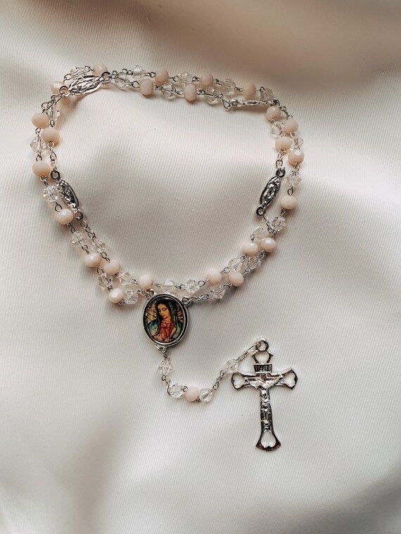 Virgin Mary Crystal Rosary Light Pink Silver Plating Rosary - Etsy