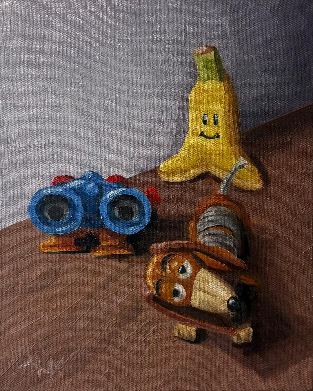 Toy Story Oil Painting, Slinky Dog, Mario Kart Banana, Nostalgic Still ...