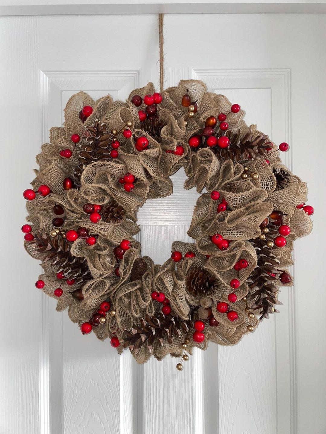 Handcrafted Rustic Burlap Wreath With Red Berries and Pine Cones - Etsy