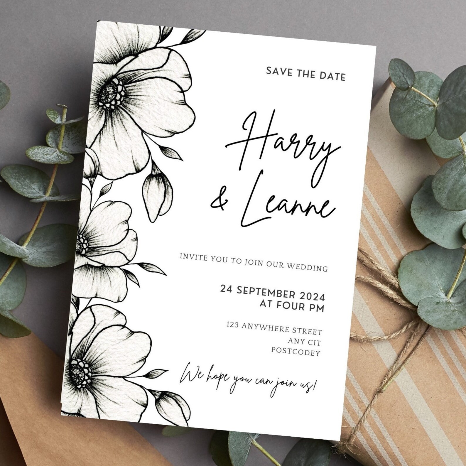 Black and White Wedding Invitations and Envelopes, Beautiful Floral ...