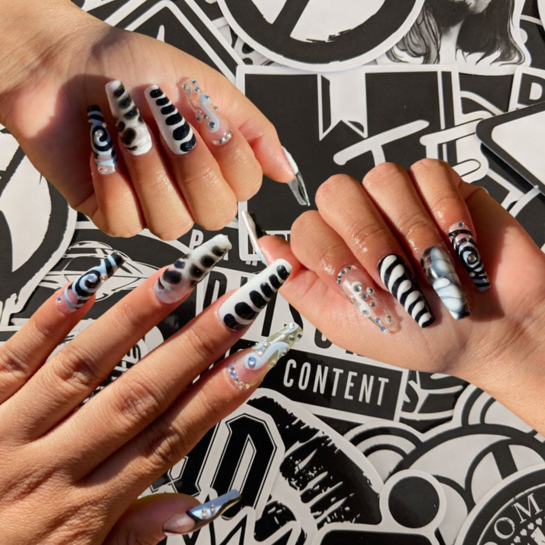 Wacky Nail Set - Baby Blue Black and White With Rhinestones - Etsy